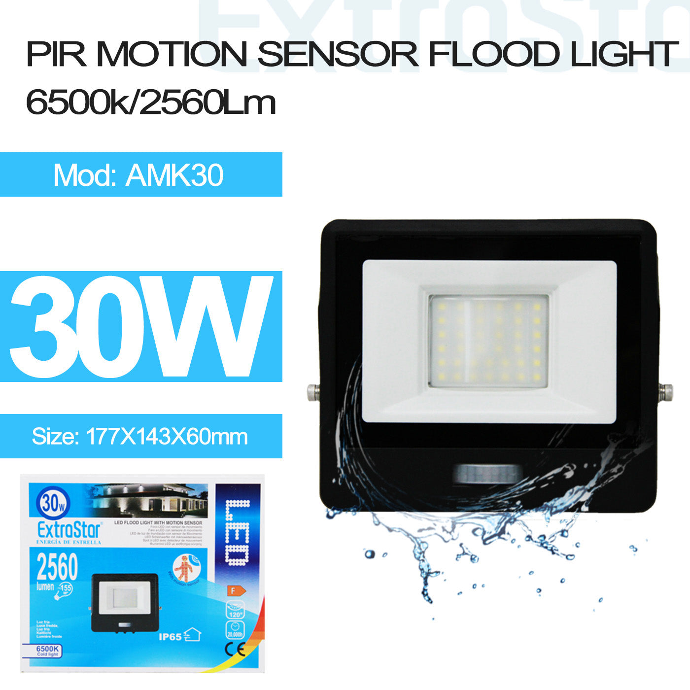 30W LED Floodlight PIR Motion Sensor, IP65, 6500K (AMK30) – Extrastar Electrical Limited