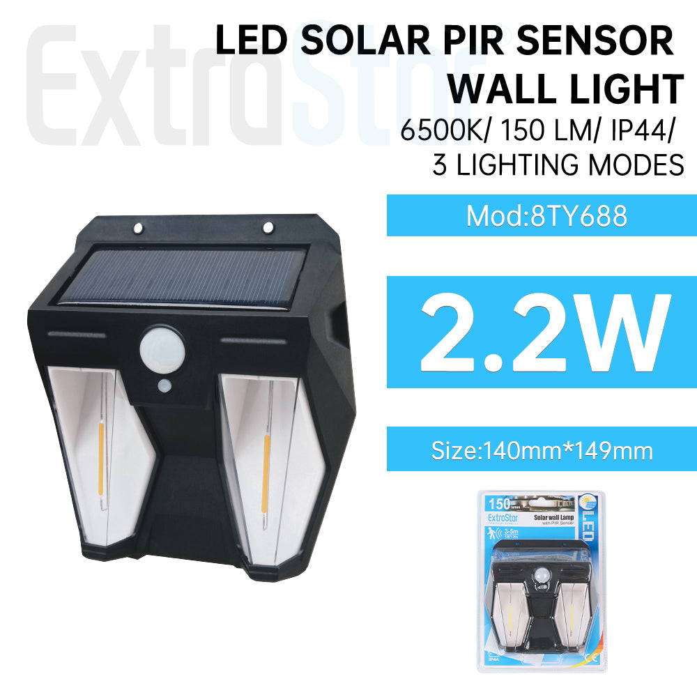 2.2W LED Solar PIR Sensor Wall Light, 3 Lighting Modes, 6500K Daylight ...