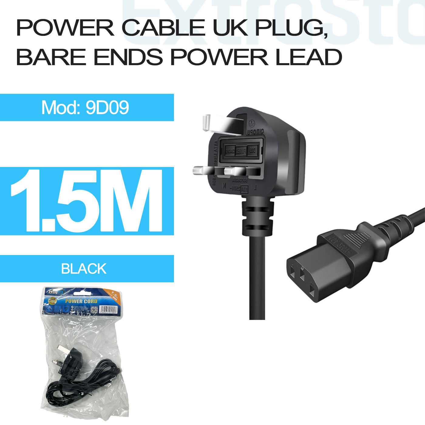 Power Cable UK Plug, Bare Ends Power Lead, 1.5M, Black, 2 core 0.75mm ...
