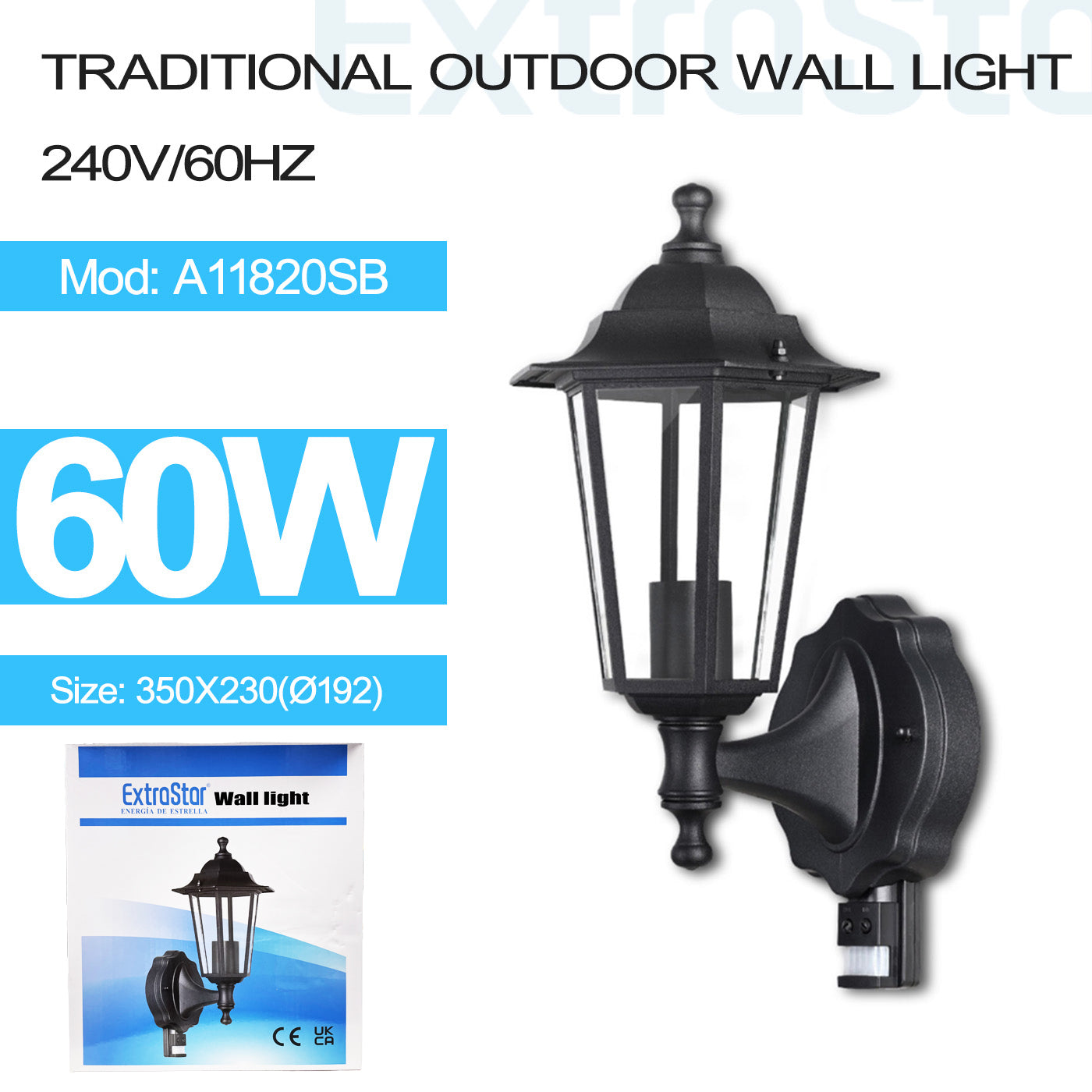 Outdoor 6 Side Wall Light with E27 Lamp Holder, with Motion Sensor (A1 ...