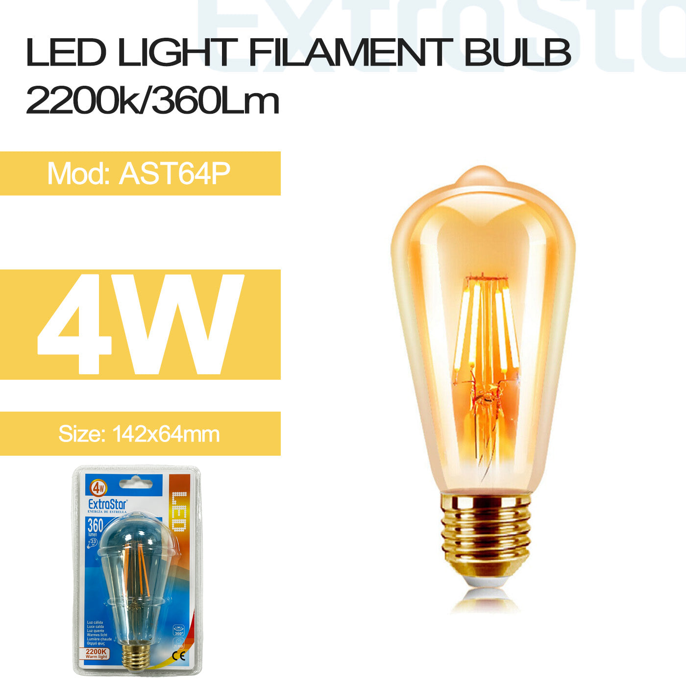 4W LED Filament Light Bulb E27, 2200K Clamshell (AST64P) – Extrastar ...