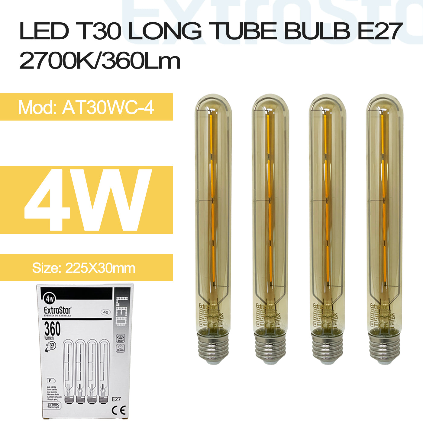 4W LED T30 Long Tube Bulb E27, 2700K, Pack of 4 (AT30WC-4) – Extrastar ...