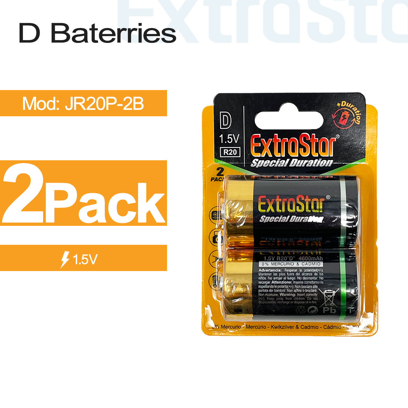 1.5V D Batteries, Pack of 2 (JR20P-2B) – Extrastar Electrical Limited