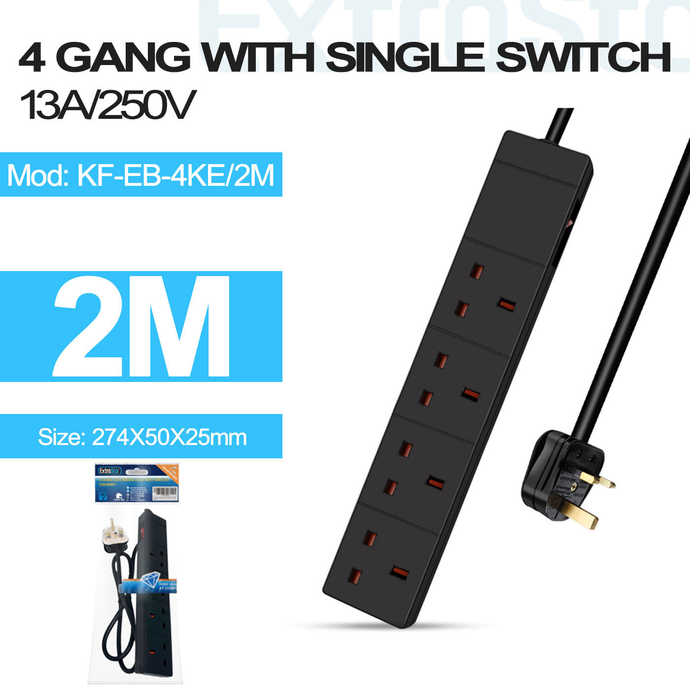 4 Gang Switched Extension Lead 2m Black (KF-EB-4KE/2MB) – Extrastar ...