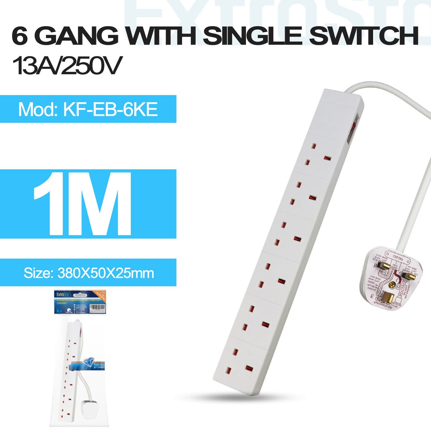 6 Gang Switched Extension Lead 1m (KF-EB-6KE) – Extrastar Electrical ...