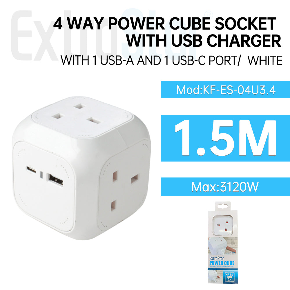 4 Way Power Cube Extension Lead with Dual USB Ports, 1.5m, White (KF-E ...