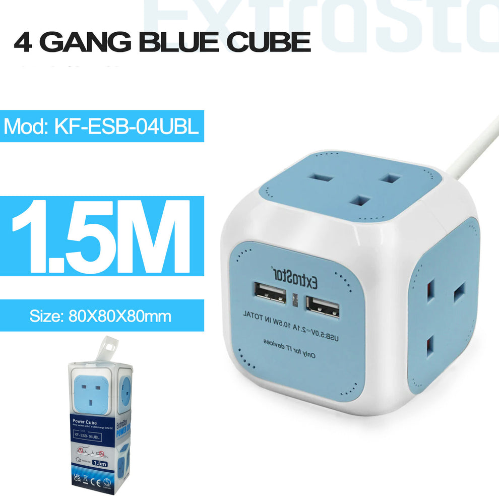 4 Gang Cube Extension Lead with 2 USB Ports 1.5m Blue (KF-ESB-04UBL ...