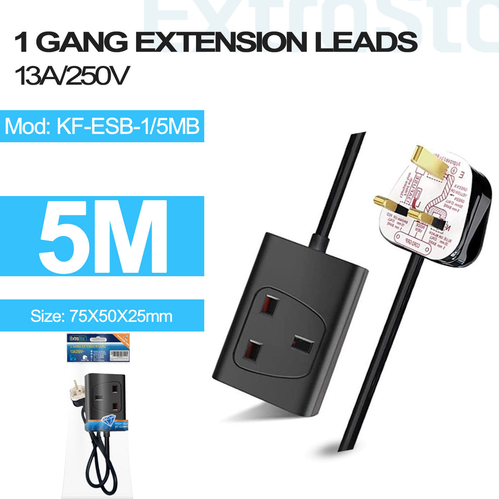 1 Gang Unswitched Extension Lead 5m Black | ExtraStar UK – Extrastar ...