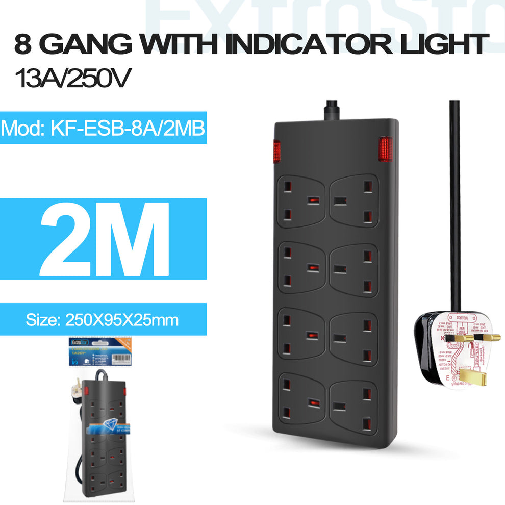 8 Gang Unswitched Extension Lead 2m Black (KF-ESB-8A/2MB) – Extrastar ...