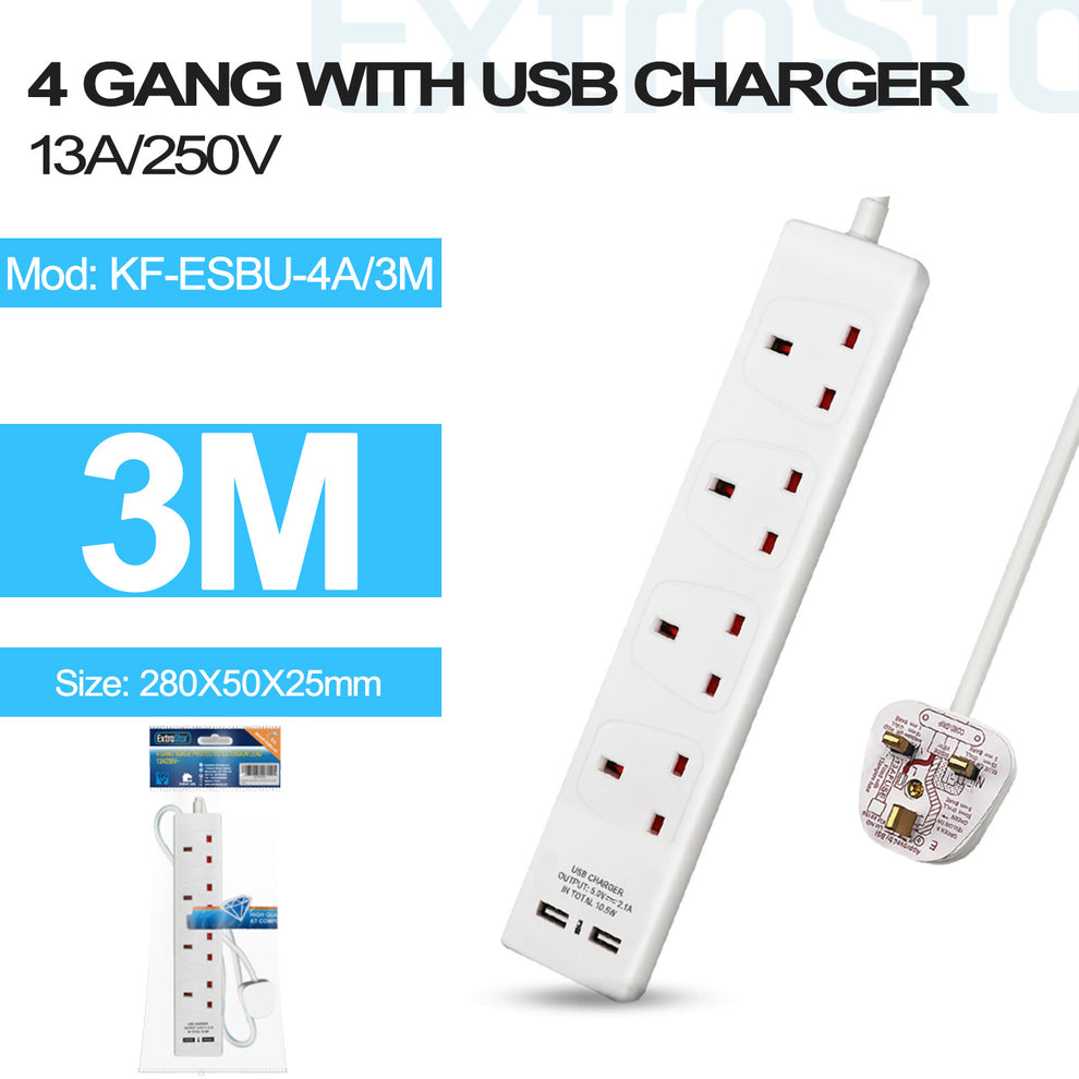 4 Gang Extension Lead with USB Ports 3m | ExtraStar UK – Extrastar ...