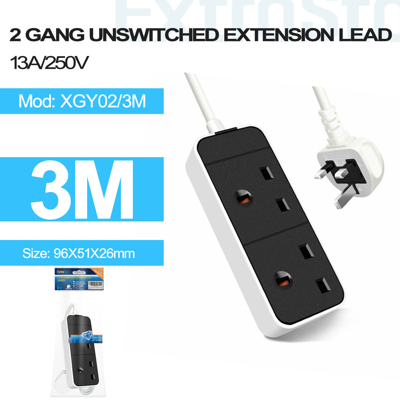 2 Gang Unswitched Extension Lead 3m White (XGY02/3M) – Extrastar ...